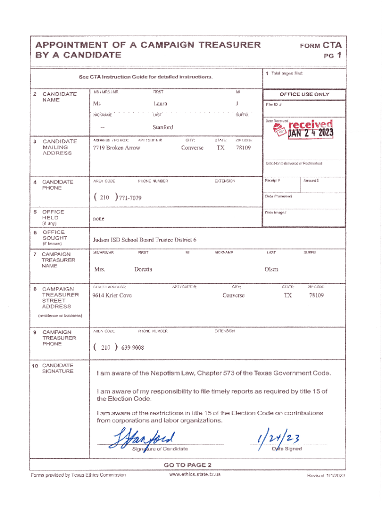 Fillable Online appointment of a campaign treasurer Fax Email Print ...