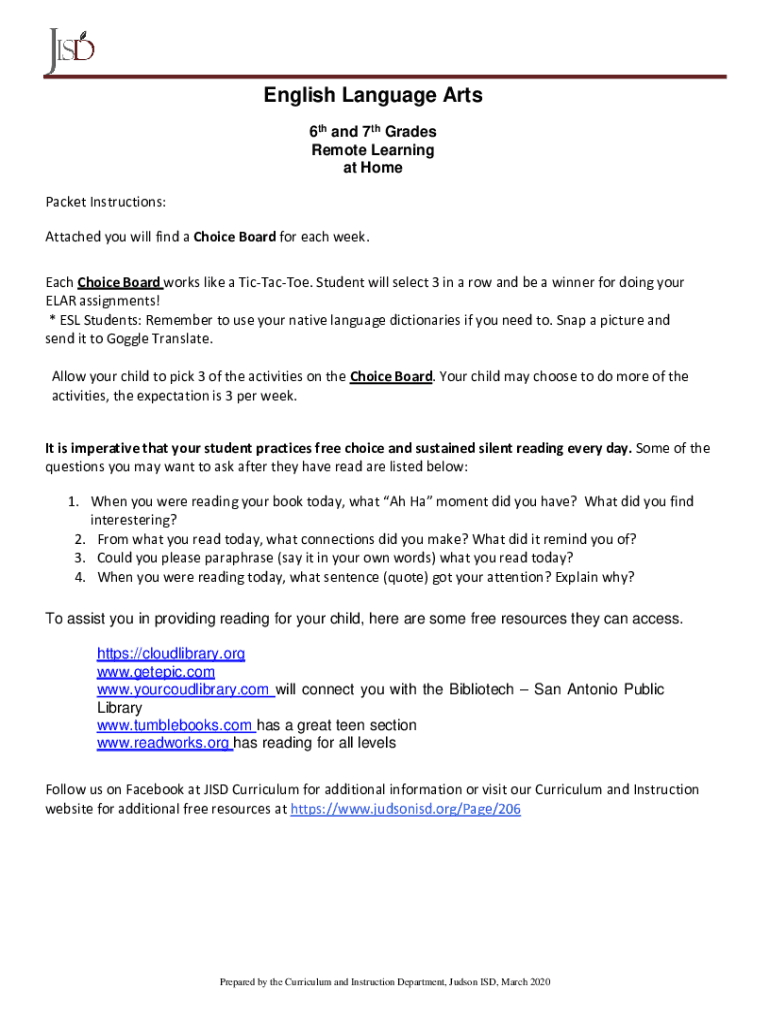 Fillable Online Ela Choice Boards For Middle School Teaching Resources ...