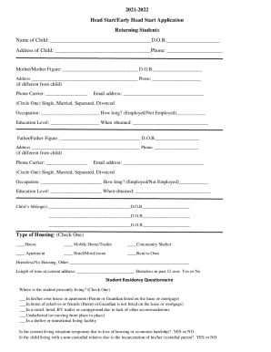 Fillable Online Application for Head Start/Early Head Start Enrollment ...