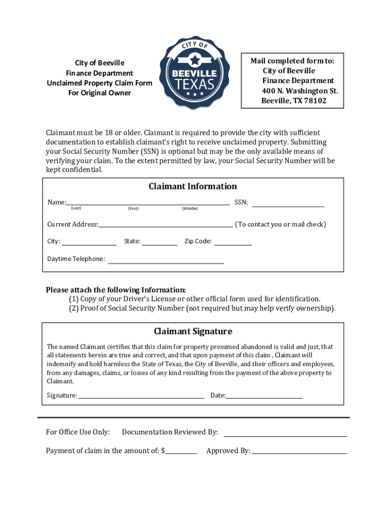 Fillable Online Unclaimed Property Claim Form- Original Owner. ... Fax Email Print - pdfFiller