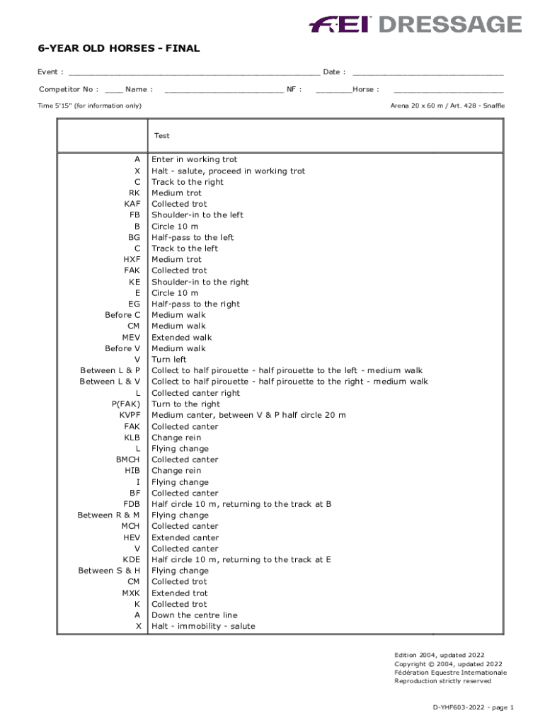 Fillable Online inside fei RE-LIVEDressage (6-yr-old horses) - YouTube Fax Email Print - pdfFiller