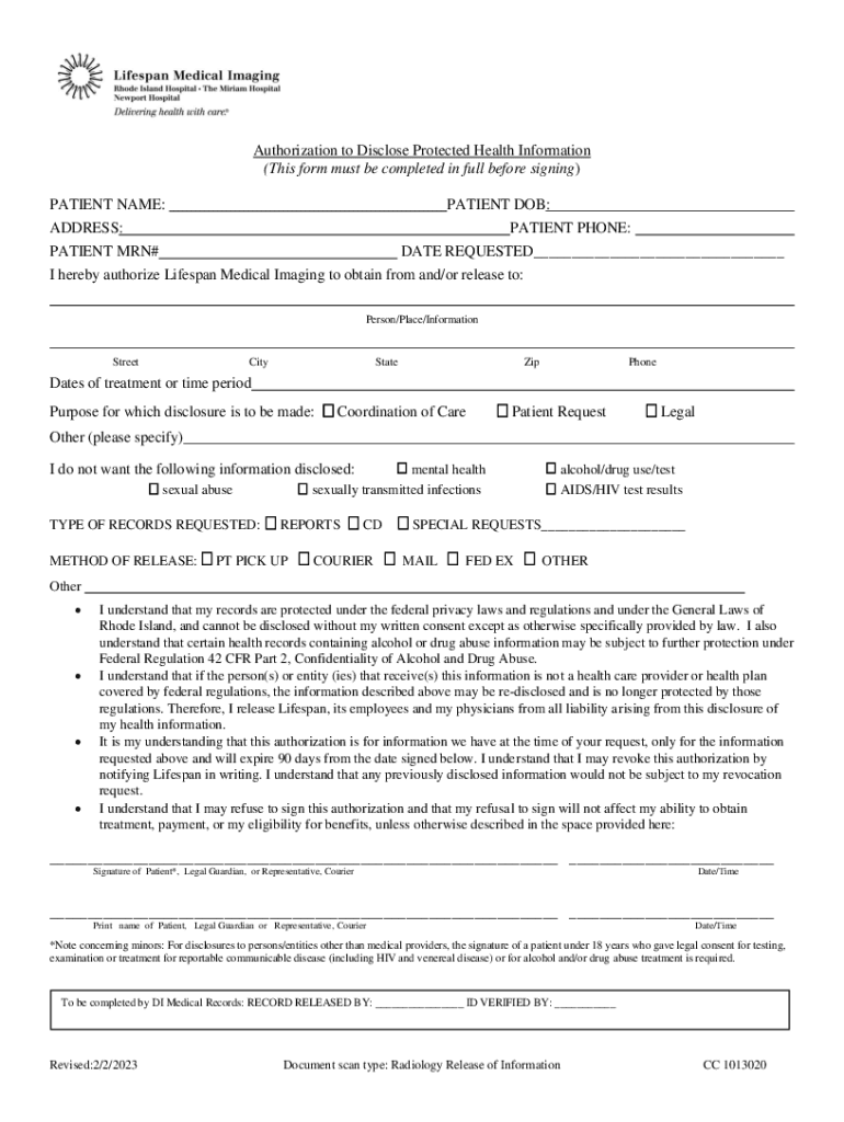 Fillable Online Authorization to Release Protect Health Information Medical Records Fax Email ...