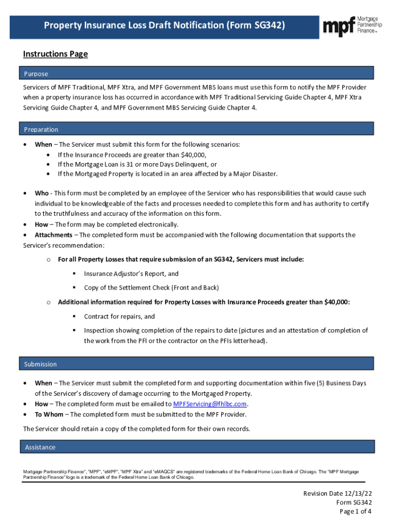 Fillable Online Form SG342: Property Insurance Loss Draft Notification ...