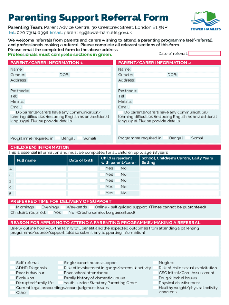Fillable Online Tower Hamlets Parenting Support Referral Form Fax Email ...