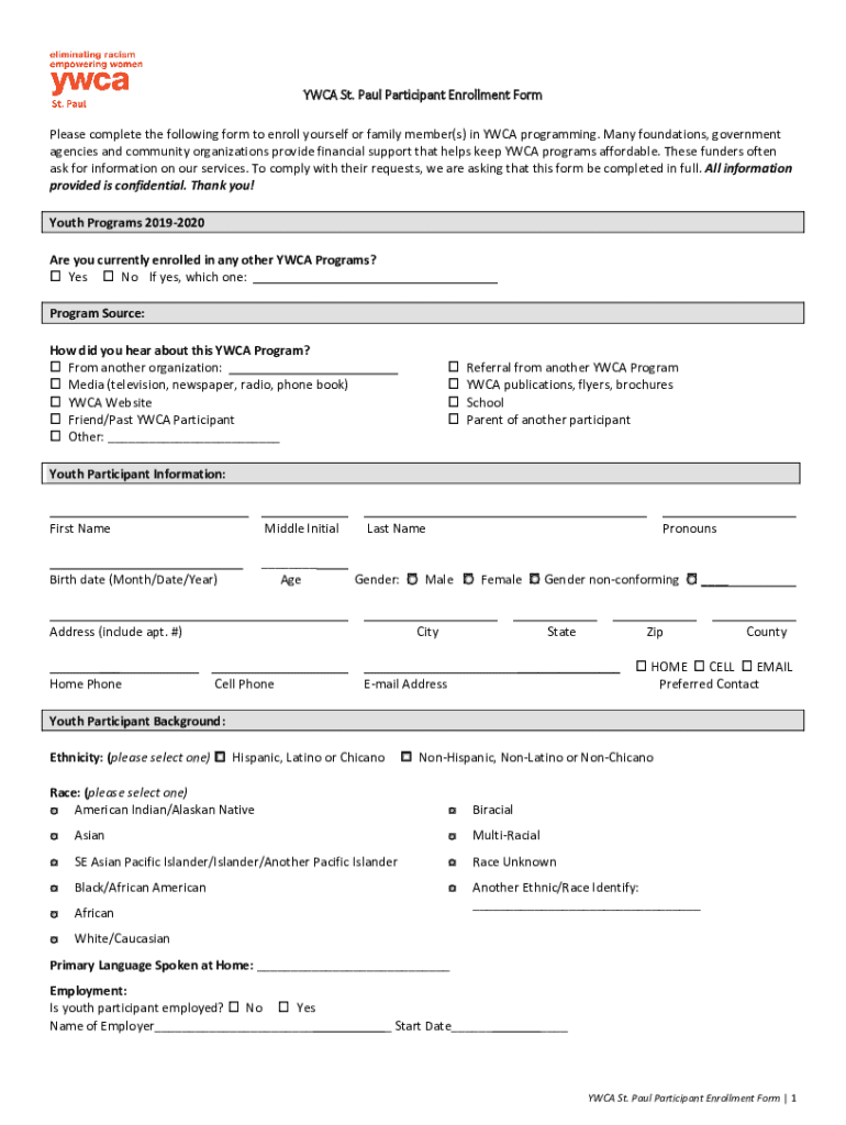 Fillable Online YWCA St. Paul Participant Enrollment Form Fax Email ...