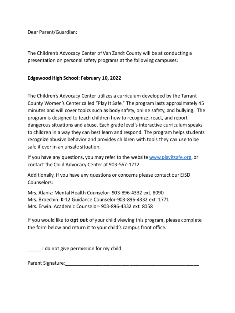 Fillable Online HS Play It Safe letter to parents Fax Email Print ...