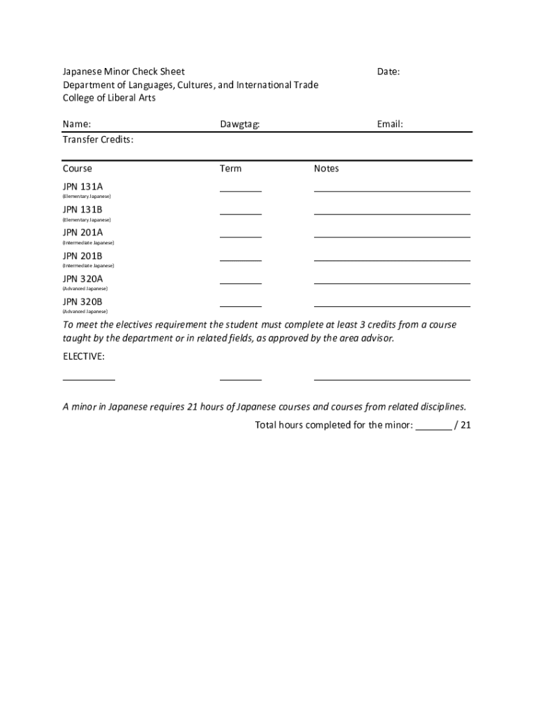 Fillable Online Japanese Minor Check Sheet Date: Department of ...