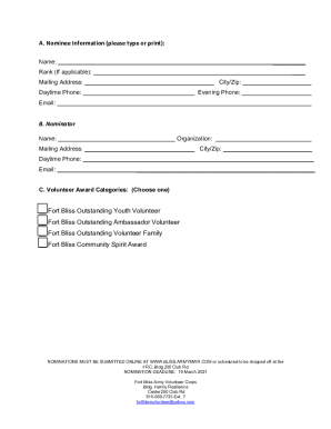 Fillable Online 2014 fort bliss army volunteer week awards nomination ...