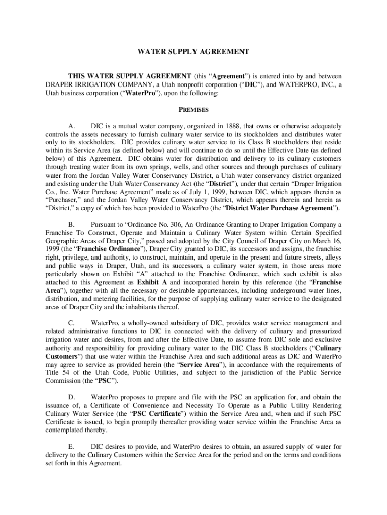 Fillable Online WATER SERVICES AGREEMENT Fax Email Print - pdfFiller