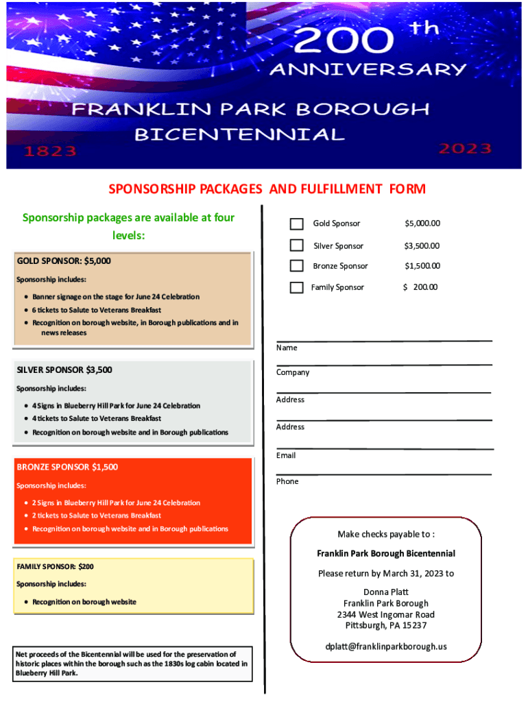 Fillable Online SPONSORSHIP PACKAGES AND FULFILLMENT FORM Fax Email ...