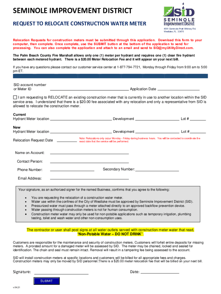 Fillable Online Request to RELOCATE CONSTRUCTION WATER METER Fax Email ...