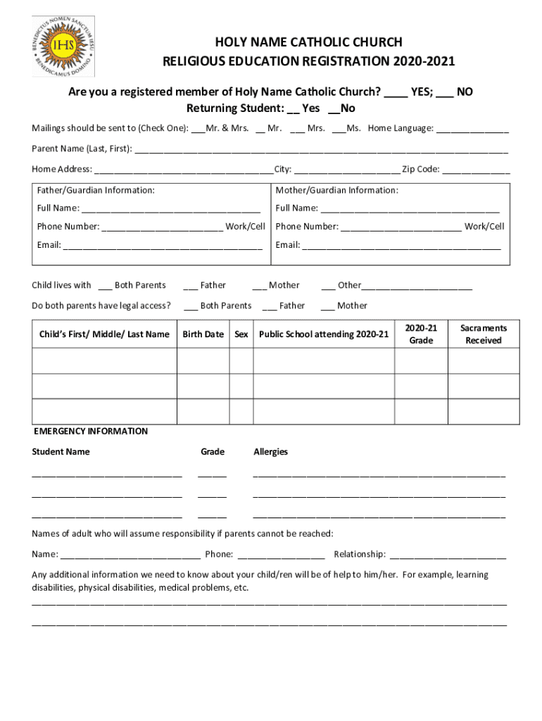 Fillable Online Returning Student - St. Thomas the Apostle Catholic ...