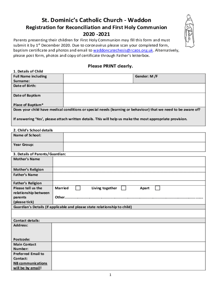 Fillable Online Registration for Reconciliation and First Holy Communion ... Fax Email Print ...