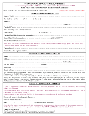 Fillable Online parish rcdow org st joseph's catholic church, wembley - first holy communion ...