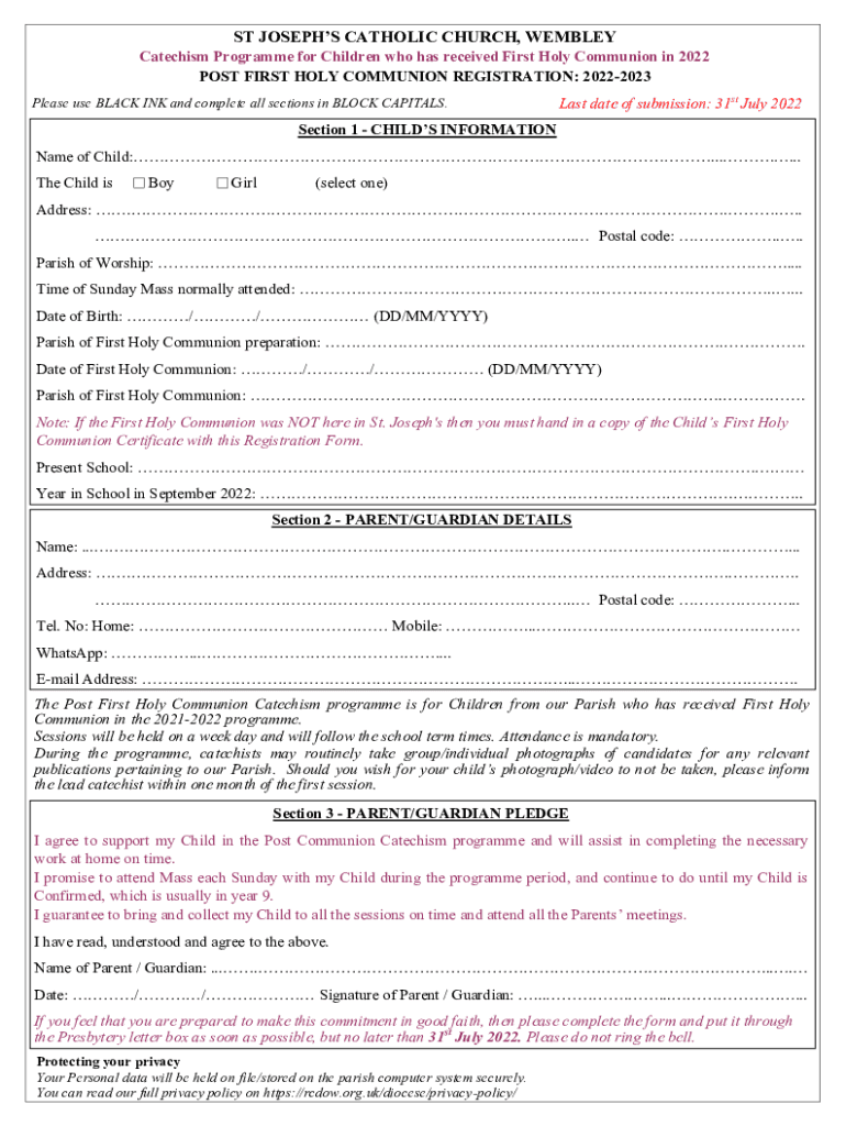 Fillable Online parish rcdow org st joseph's catholic church, wembley - first holy communion ...