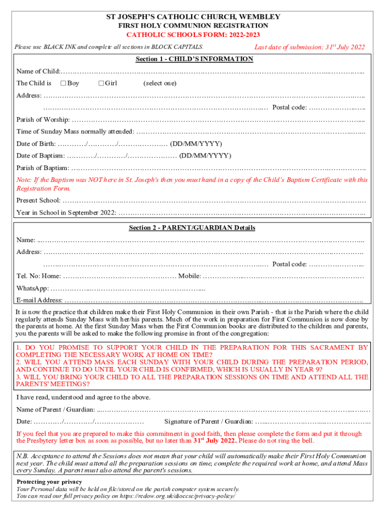 Fillable Online parish rcdow org Registration Form First Reconciliation & First Holy ... Fax ...
