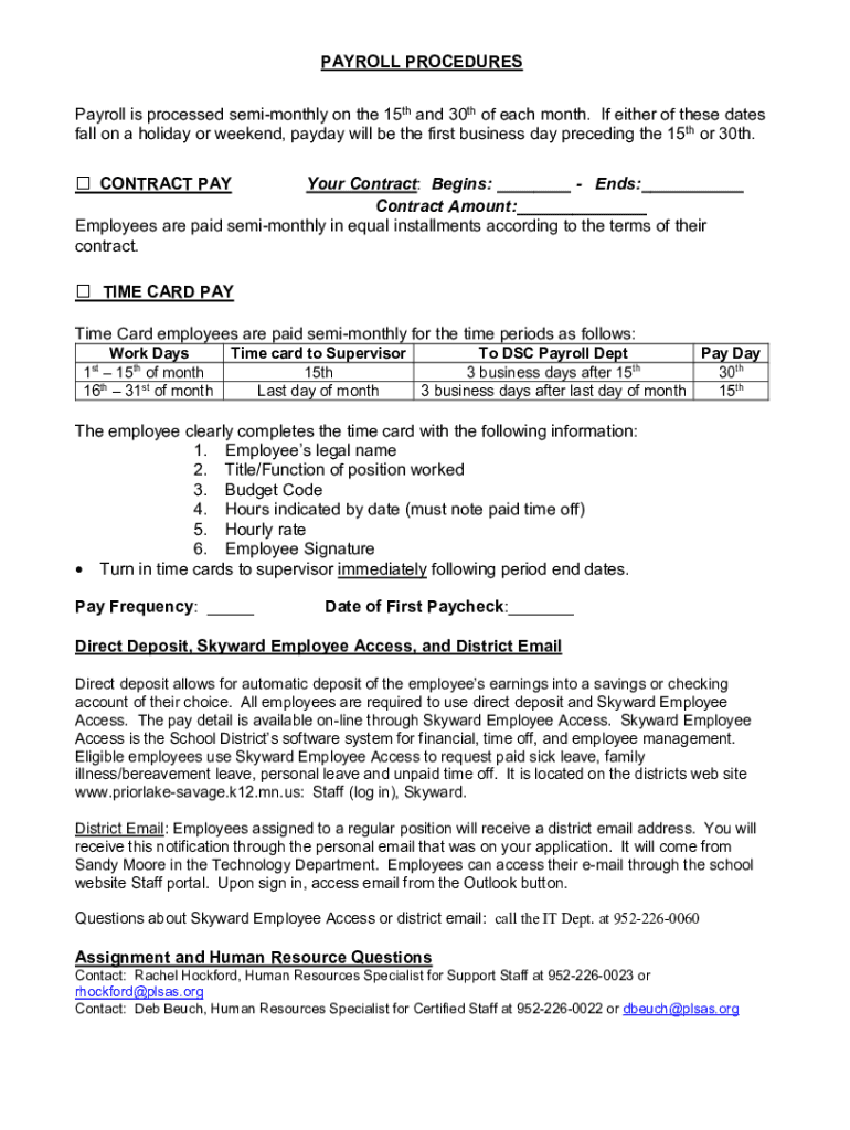 Fillable Online PAYROLL PROCEDURES Payroll is processed semi-monthly on the ... Fax Email Print ...