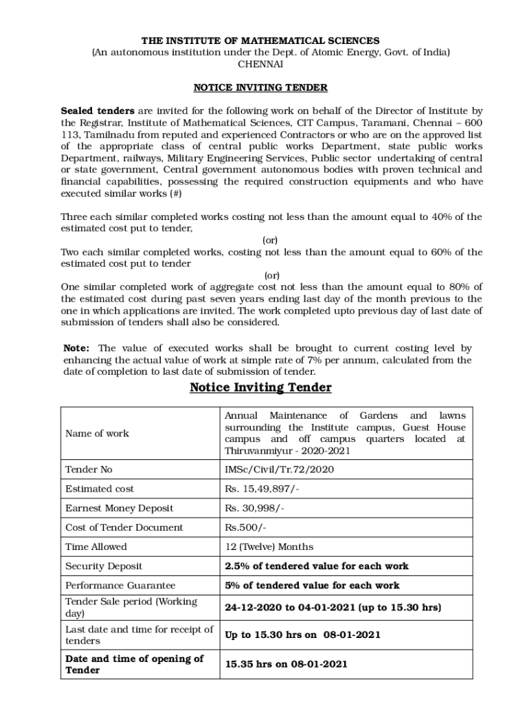 Fillable Online Sealed tenders are invited for the following work on ...