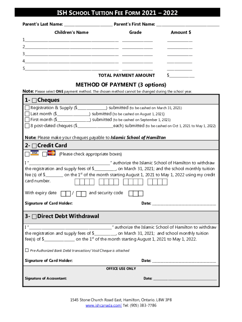 Fillable Online ISH SCHOOL TUITION FEE FORM 20212022 Fax Email Print ...