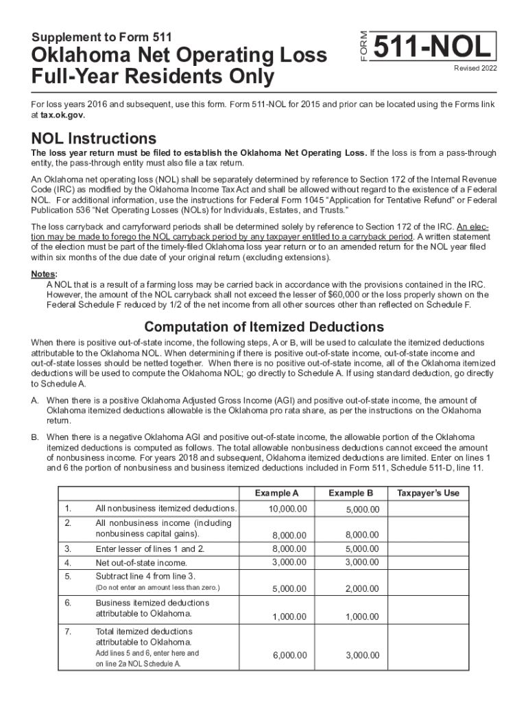 Fillable Online 2022 Form 511-NOL Oklahoma Net Operating Loss Full Year ...