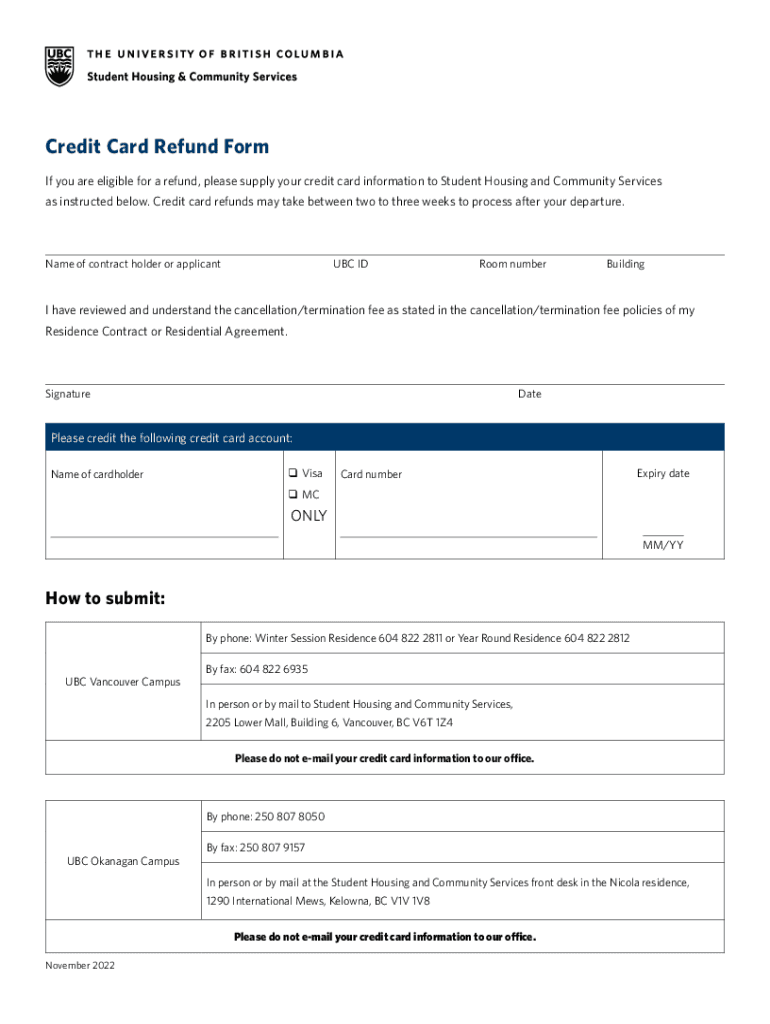 Fillable Online vancouver housing ubc Credit Card Refund Form Fax Email ...