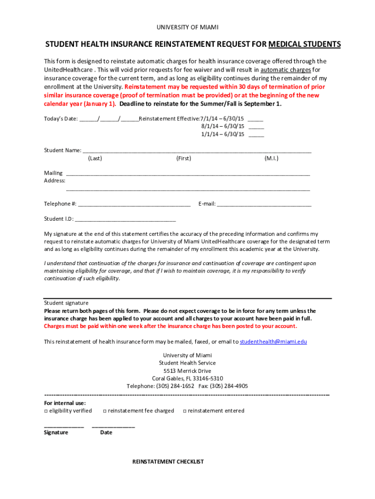 Fillable Online STUDENT HEALTH INSURANCE REINSTATEMENT REQUEST Fax ...