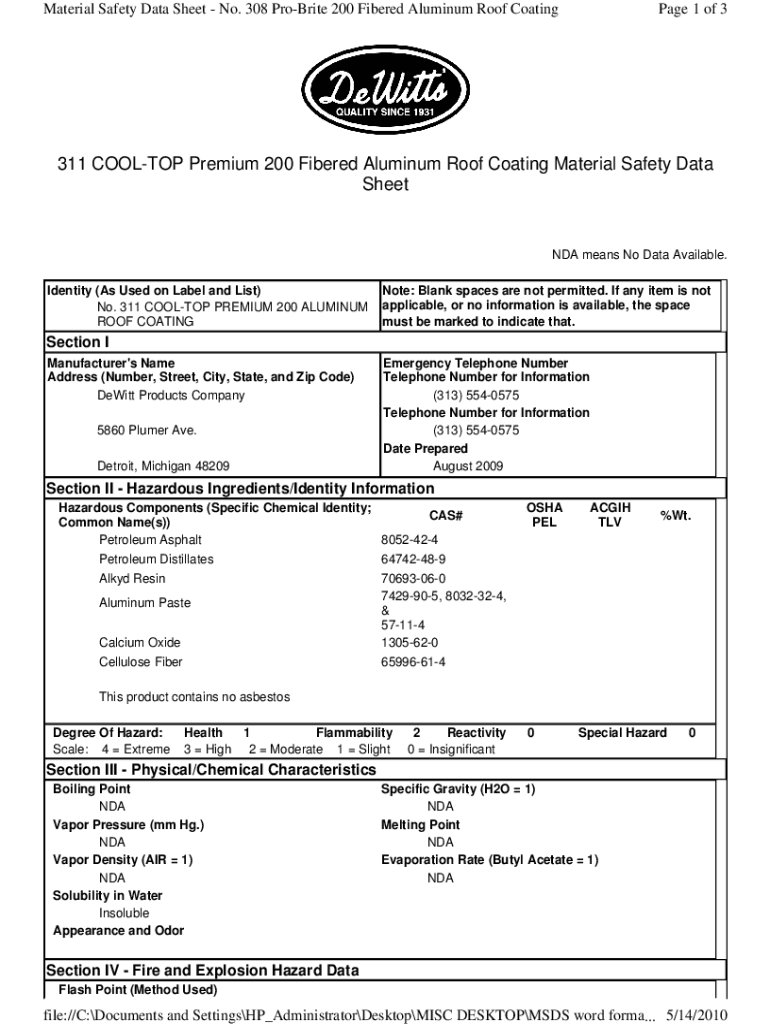 Fillable Online Safety Data Sheet - Aluminum Roof Coating Fax Email ...