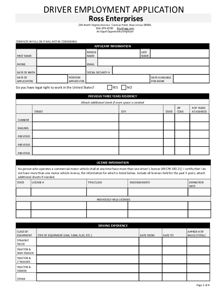 Fillable Online DRIVER EMPLOYMENT APPLICATIONRoss Enterprises Fax Email ...