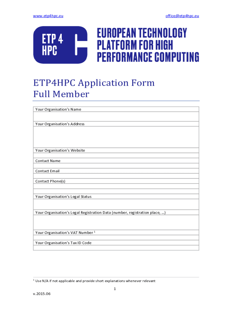 Fillable Online ETP4HPC Application Form Full Member Fax Email Print - pdfFiller
