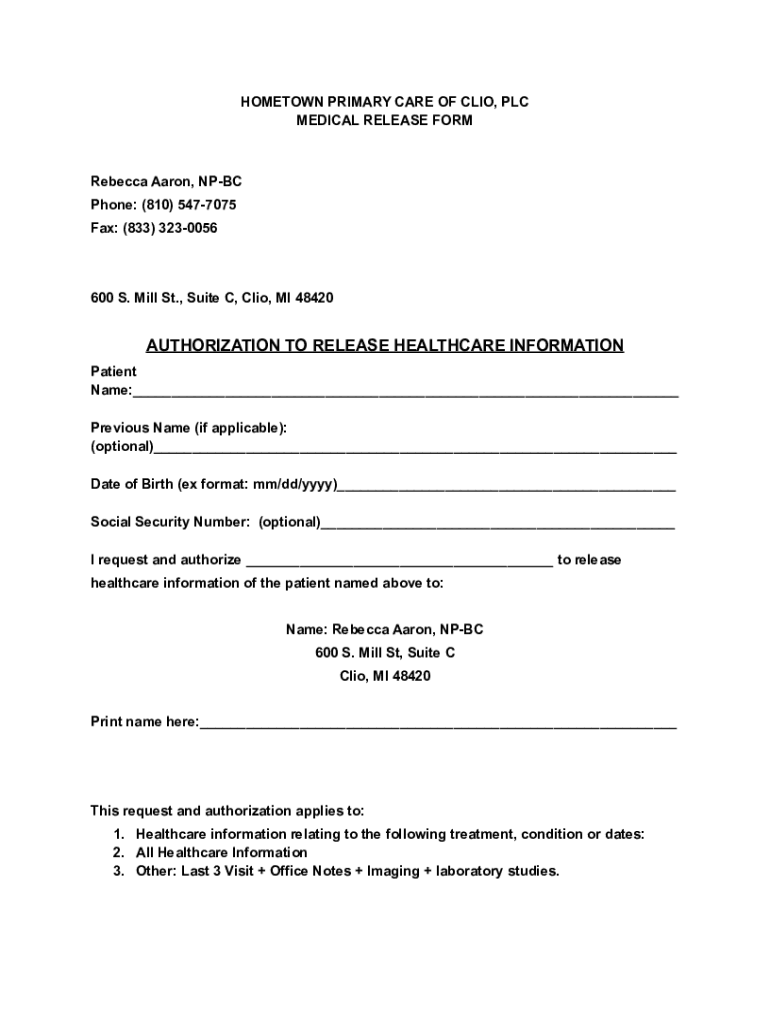 Fillable Online Medical Release form-HPC Fax Email Print - pdfFiller