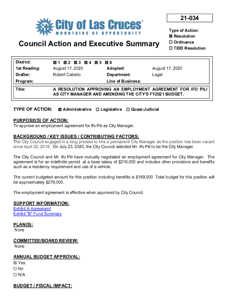 Fillable Online A RESOLUTION APPROVING AN EMPLOYMENT AGREEMENT FOR IFO ...