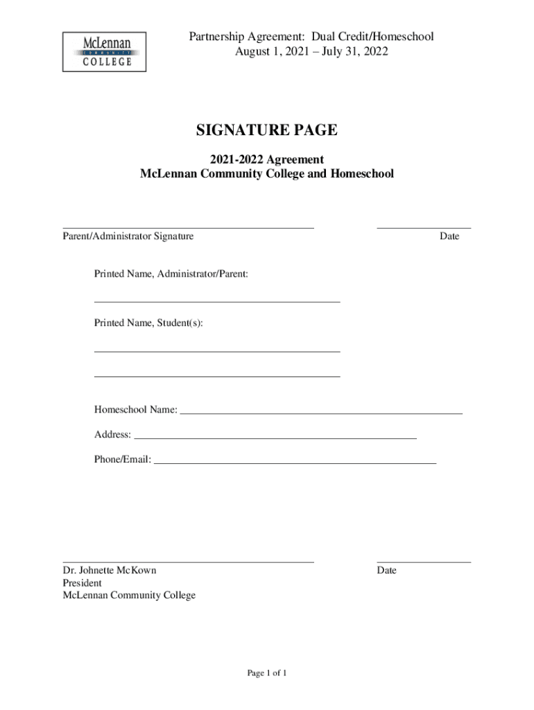 Fillable Online Signature Page, Homeschool Dual Credit MOU, McLennan ...