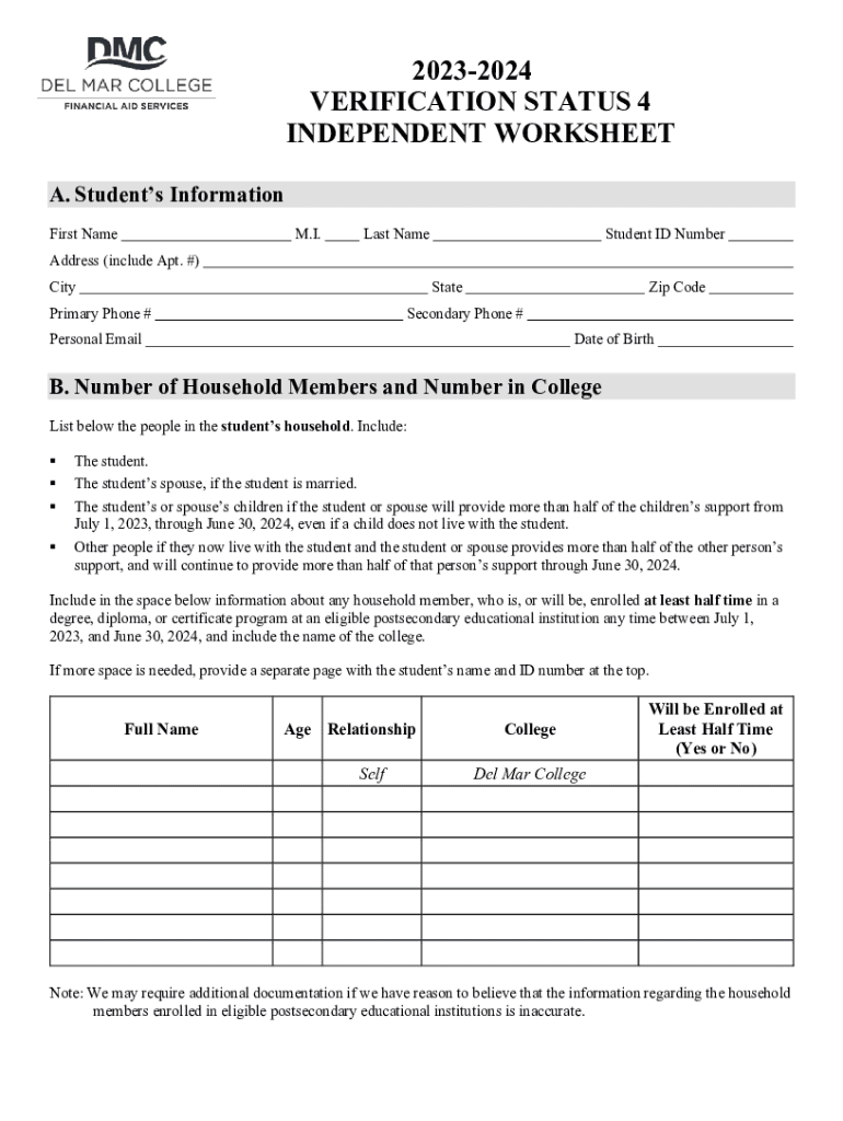 Fillable Online 2023-2024 Verification Status 4 Independent Worksheet ...