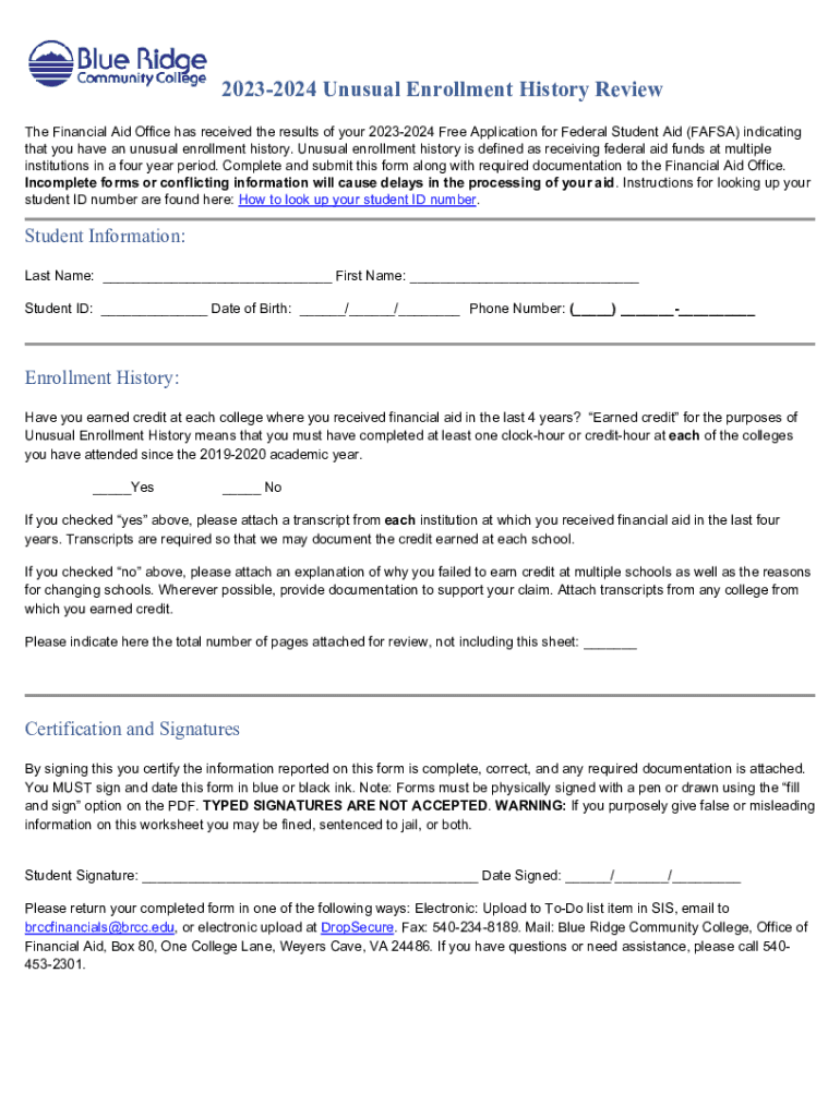 Fillable Online Unusual Enrollment History Form 23-24 Fax Email Print - pdfFiller