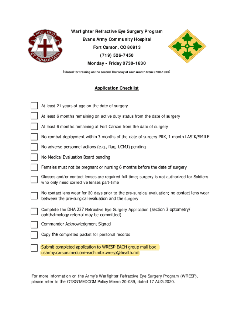 Fillable Online Warfighter Refractive Eye Surgery Program Evans Army ...