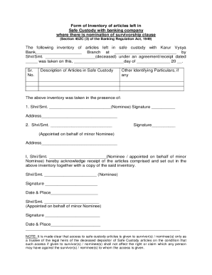 Fillable Online Form of Inventory of articles left in Safe Custody with ...