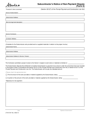 Fillable Online Subcontractor's Notice of Non-Payment Dispute (Form 5 ...