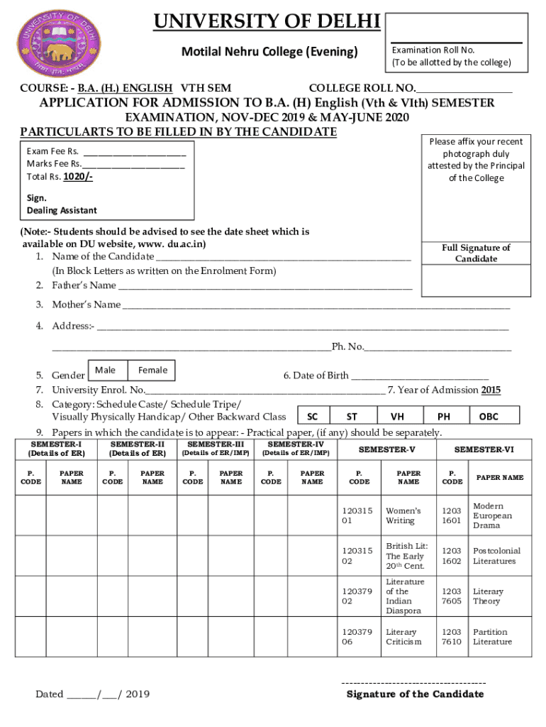 Fillable Online English (H) Vth - UNIVERSITY OF DELHI Fax Email Print ...