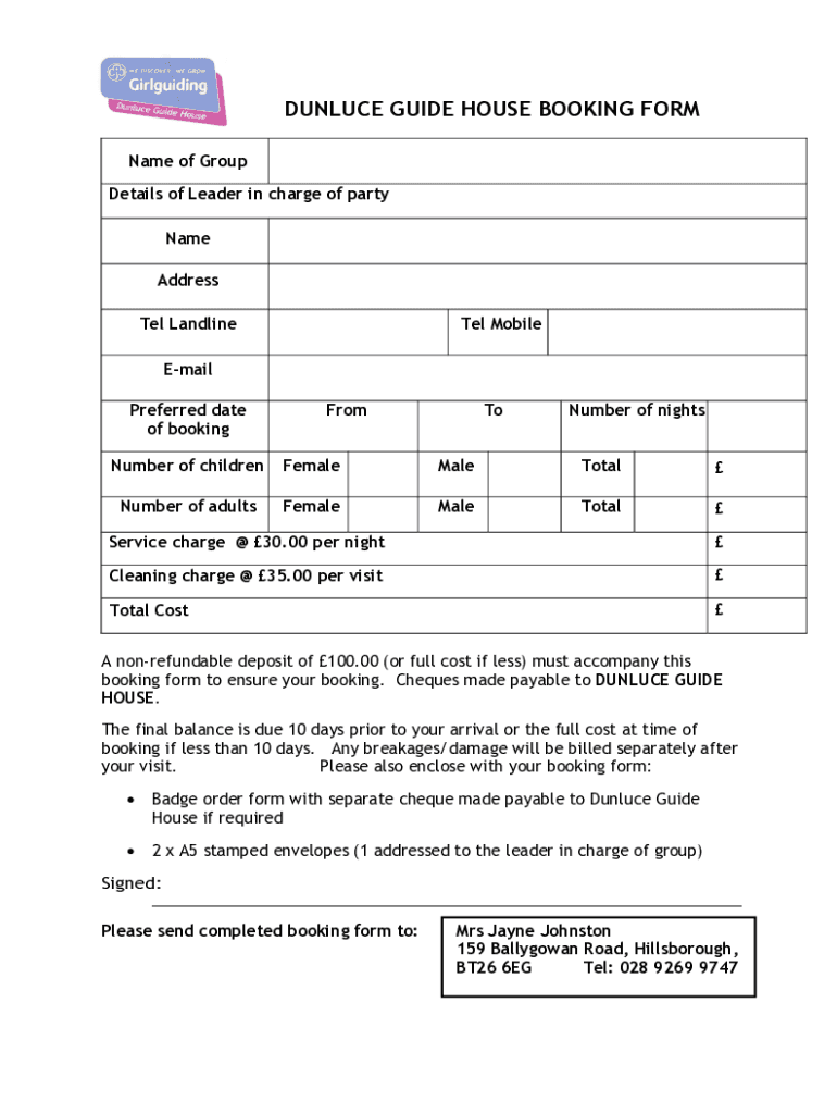 Fillable Online Dunluce Guide House Booking Form. Booking Form Fax ...