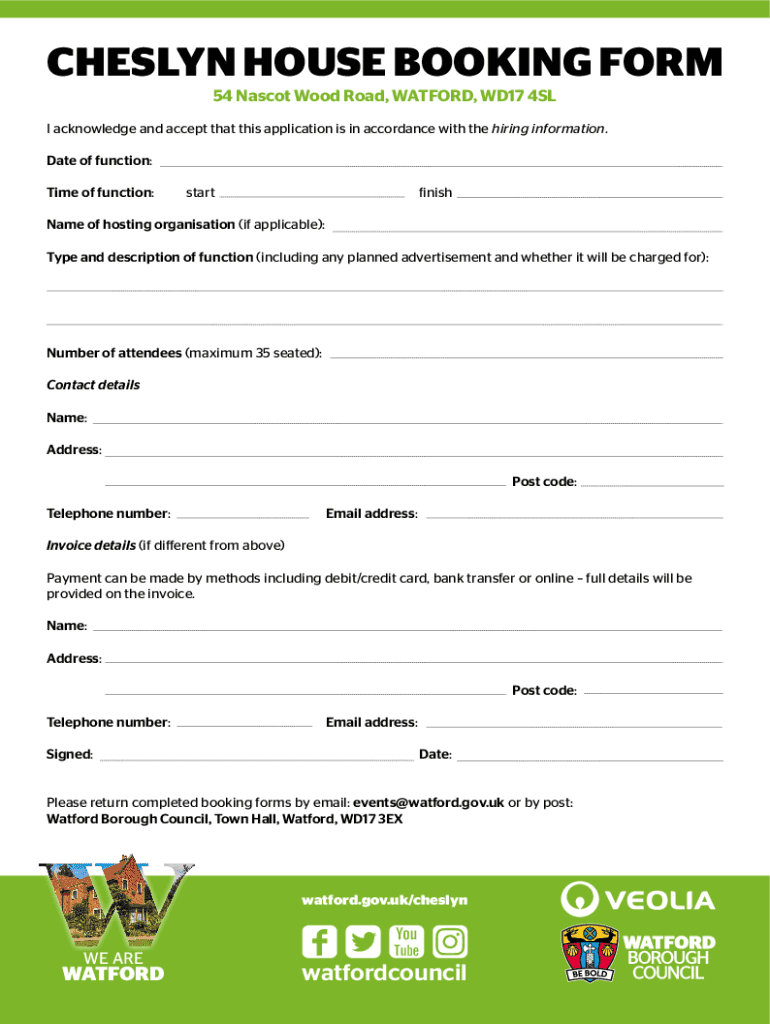 Fillable Online CHESLYN HOUSE BOOKING FORM Fax Email Print - pdfFiller
