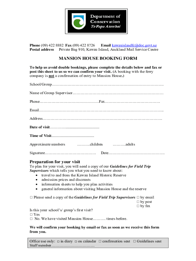 Fillable Online Kawau Island - Mansion House booking form. Kawau Island ...