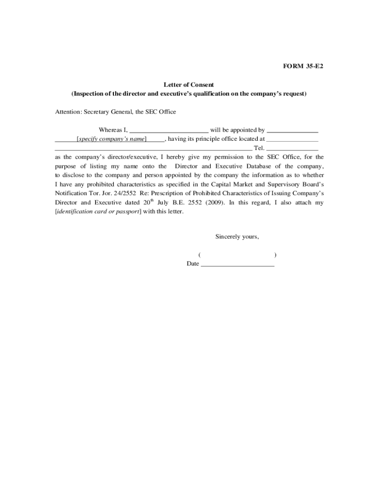 Fillable Online FORM 35-E2 Letter of Consent (Inspection of the ...
