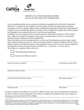 Fillable Online CERTIFICATE OF NEW PROVIDER TRAINING ANCILLARY MULTIPLE ...