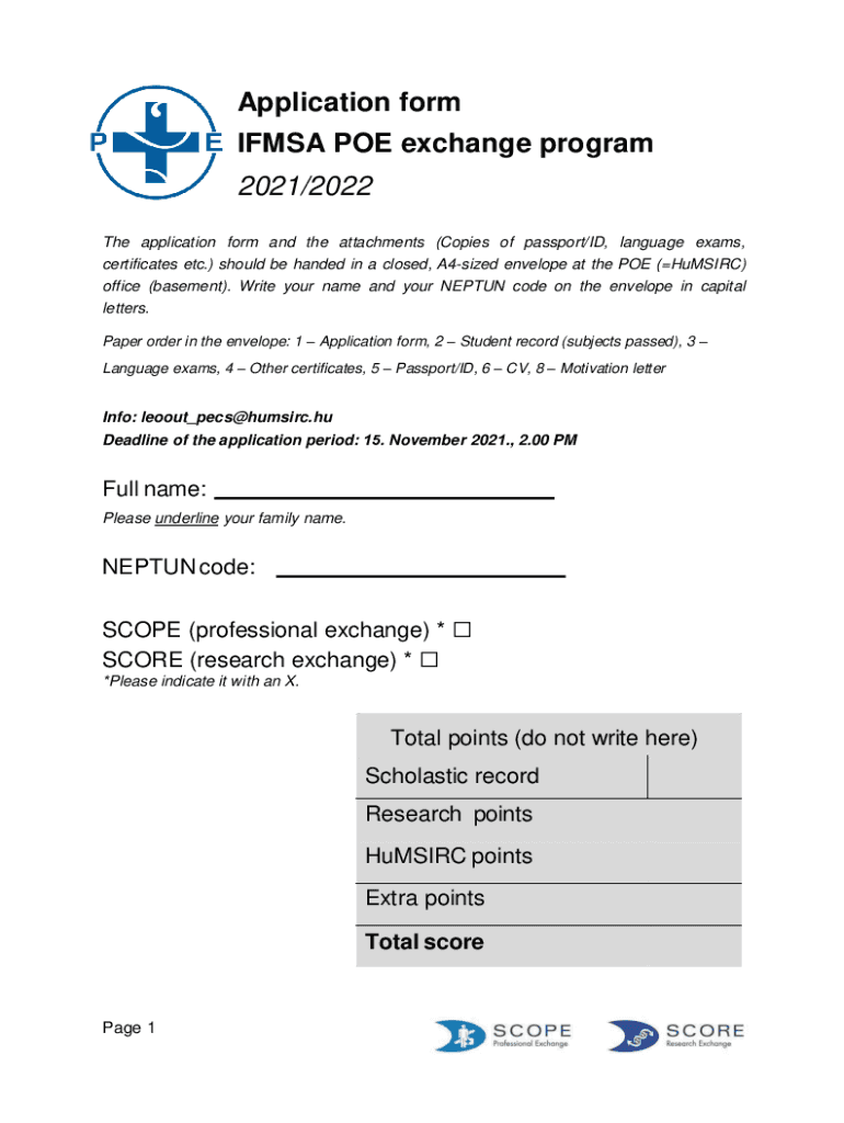 Fillable Online Application form IFMSA POE exchange program 2021/2022 ...