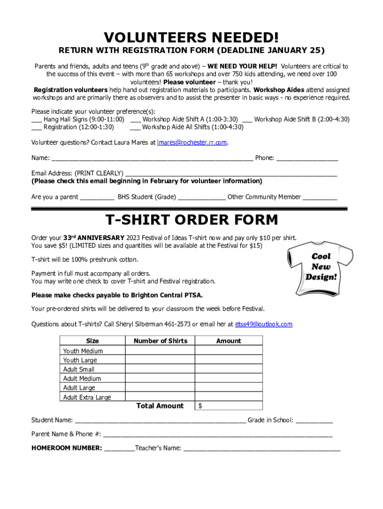 Fillable Online VOLUNTEERS NEEDED! T-SHIRT ORDER FORM Fax Email Print - pdfFiller