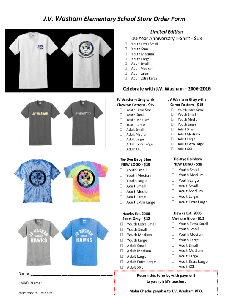 Fillable Online J.V. Washam Elementary School Store Order Form Fax ...
