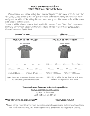 Fillable Online Elementary School T Shirt Order Form Template Fax Email ...