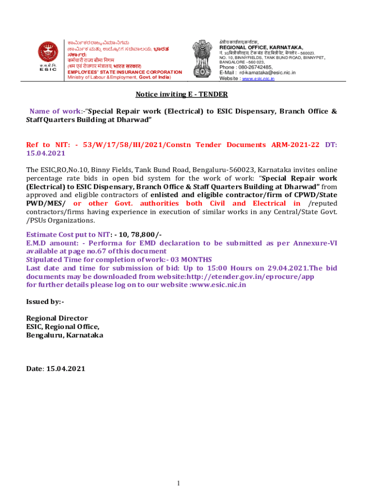 Fillable Online 1 Notice inviting E - TENDER Name of work Fax Email Print - pdfFiller