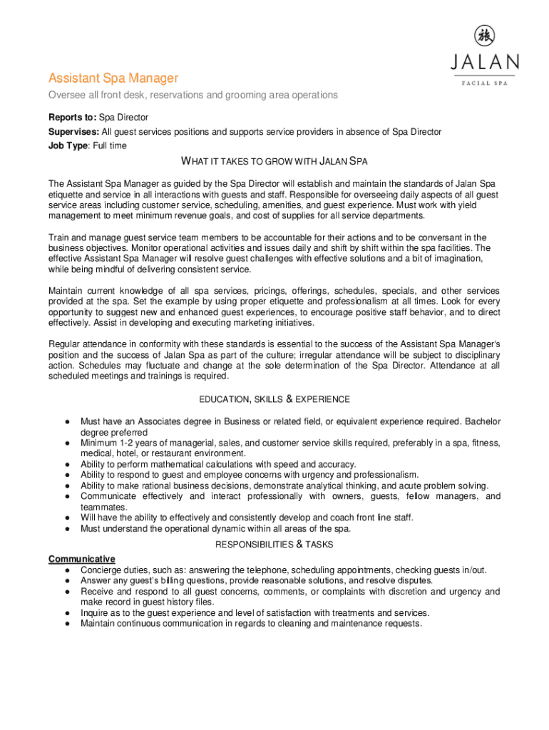 Fillable Online Assistant Spa Manager Resume Sample Fax Email Print ...