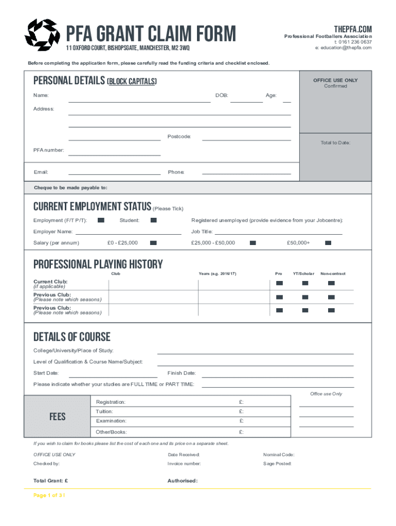 Fillable Online PFA Grant Claim form Fax Email Print - pdfFiller